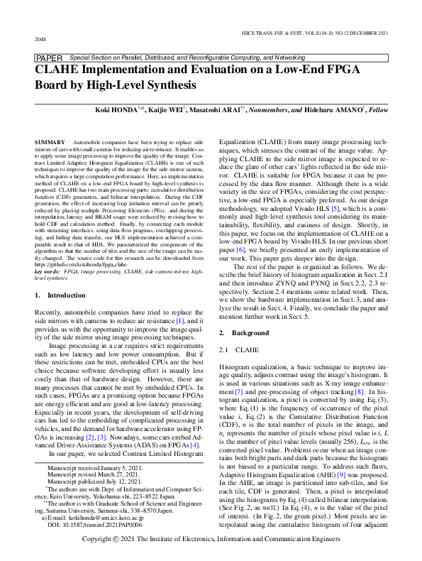 (PDF) CLAHE Implementation and Evaluation on a Low-End FPGA Board by ...