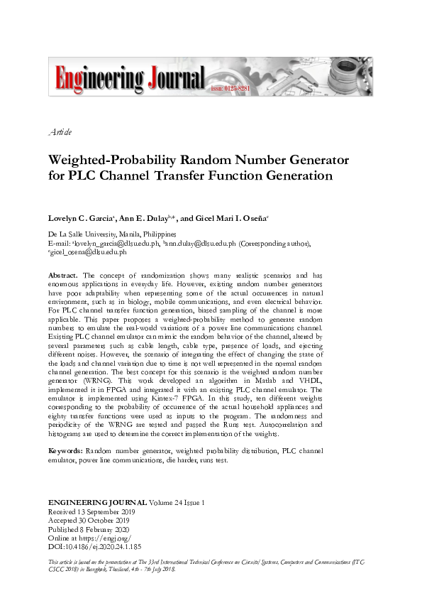 (PDF) Weighted-Probability Random Number Generator for PLC Channel Transfer Function Generation