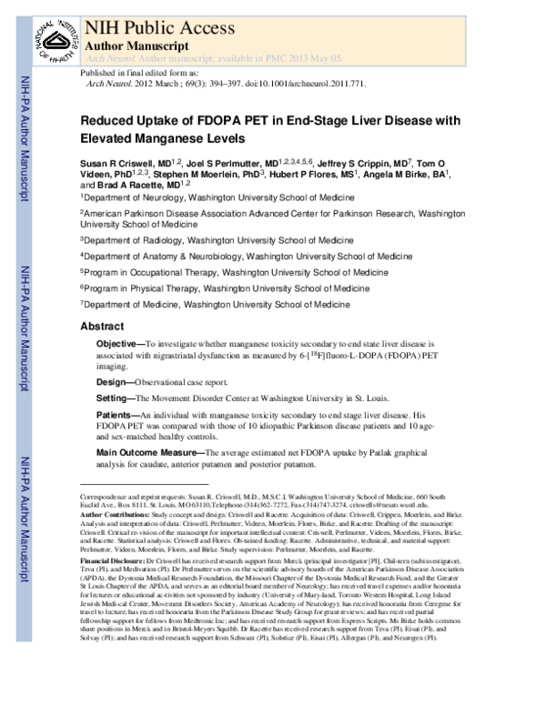 (PDF) Reduced Uptake of FDOPA PET in End-stage Liver Disease With ...