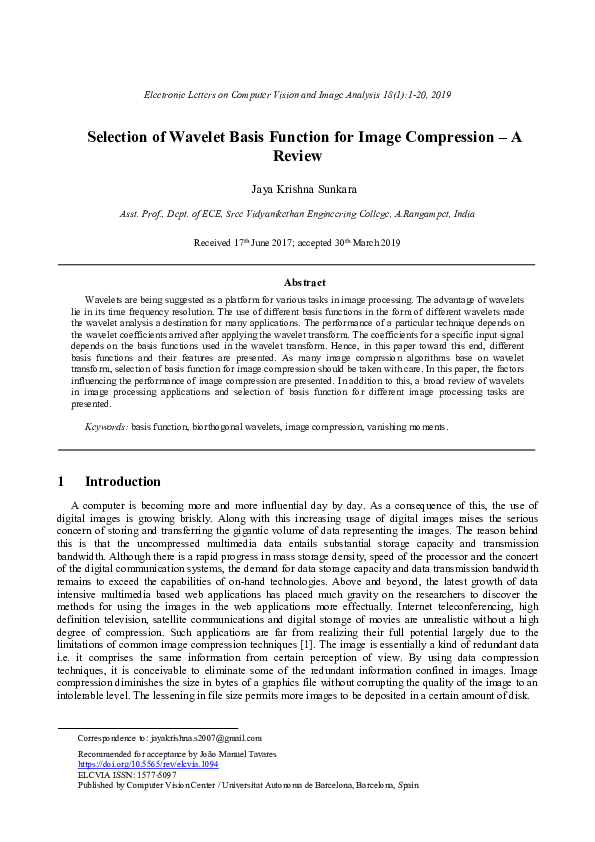 (PDF) Selection of Wavelet Basis Function for Image Compression – A Review