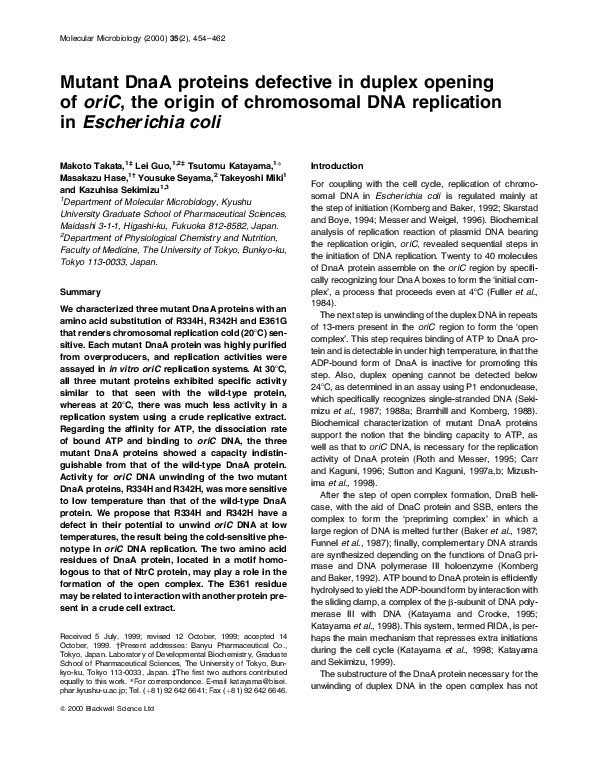 (PDF) Mutant DnaA proteins defective in duplex opening of oriC, the ...