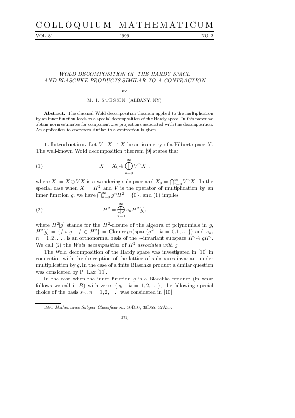 (PDF) Wold decomposition of the Hardy space and Blaschke products ...