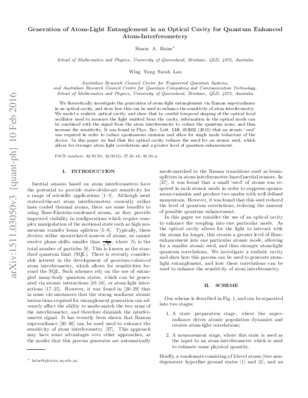 (PDF) Generation of atom-light entanglement in an optical cavity for quantum enhanced atom ...