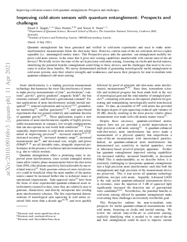 (PDF) Improving cold-atom sensors with quantum entanglement: Prospects and challenges