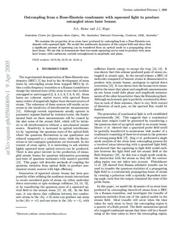 (PDF) Outcoupling from a Bose-Einstein condensate with squeezed light to produce entangled-atom ...