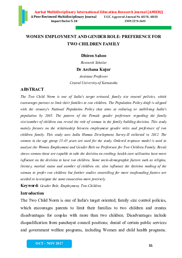 (PDF) Women Employment and Gender Role: Preference for Two Children Family
