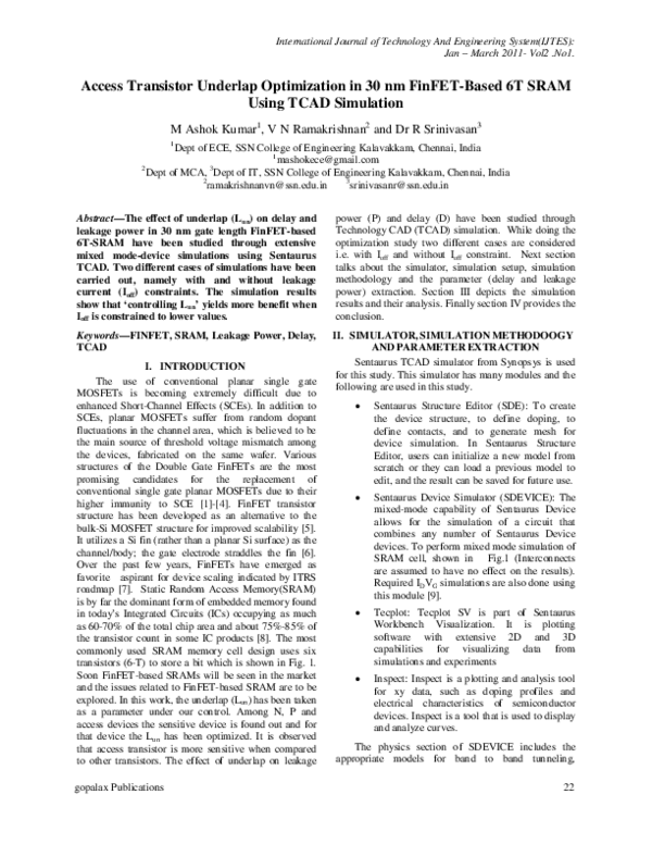 (PDF) Transistor Underlap Optimization in 30 nm FinFET-Based 6 T SRAM Using TCAD Simulation