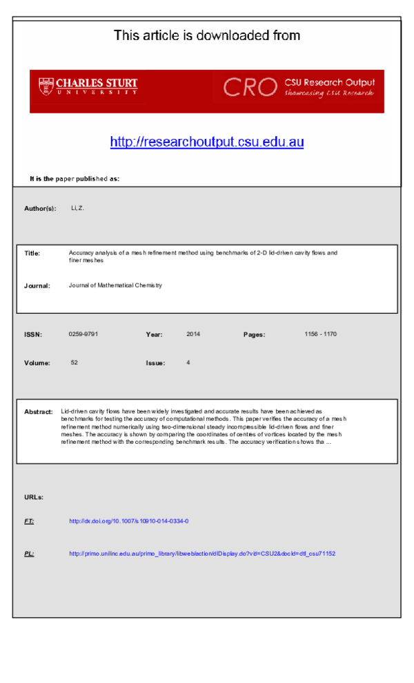 Pdf Accuracy Analysis Of A Mesh Refinement Method Using Benchmarks Of 2 D Lid Driven Cavity
