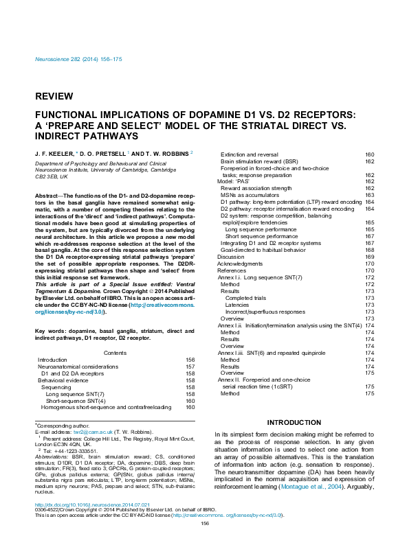 (PDF) FUNCTIONAL IMPLICATIONS OF DOPAMINE D1 VS. D2 RECEPTORS: A ...