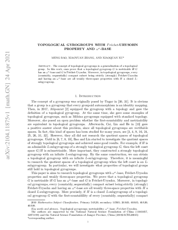 (PDF) Topological Gyrogroups with Fréchet–Urysohn Property and $$\omega ^{\omega }$$-Base