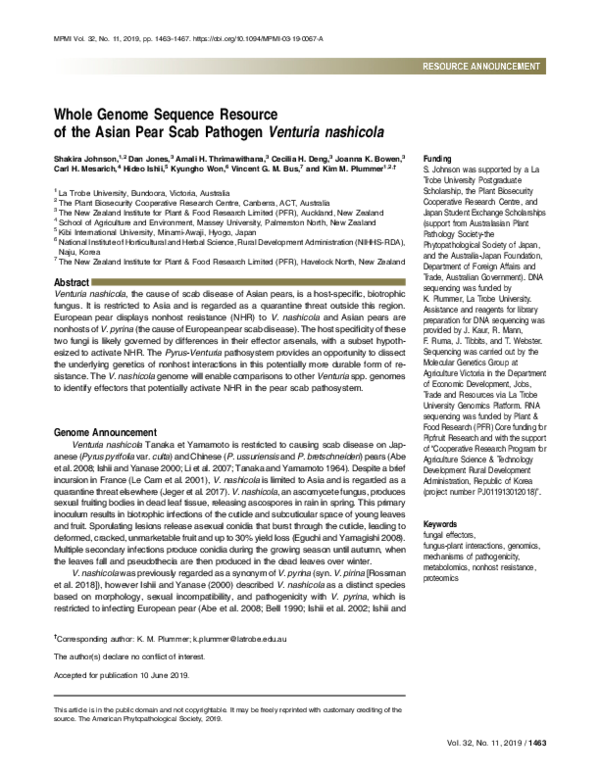 (PDF) Whole Genome Sequence Resource of the Asian Pear Scab Pathogen ...