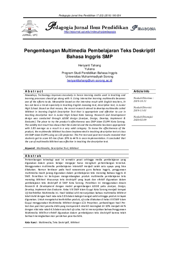 (PDF) Pengembangan Multimedia Pembelajaran Teks Deskriptif Bahasa ...