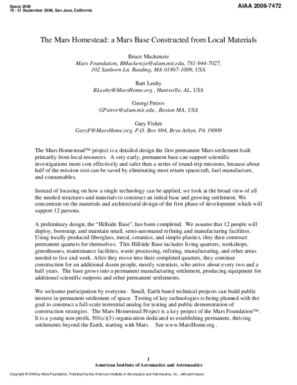 (PDF) Mars Homestead: a Mars Base Constructed from Local Materials