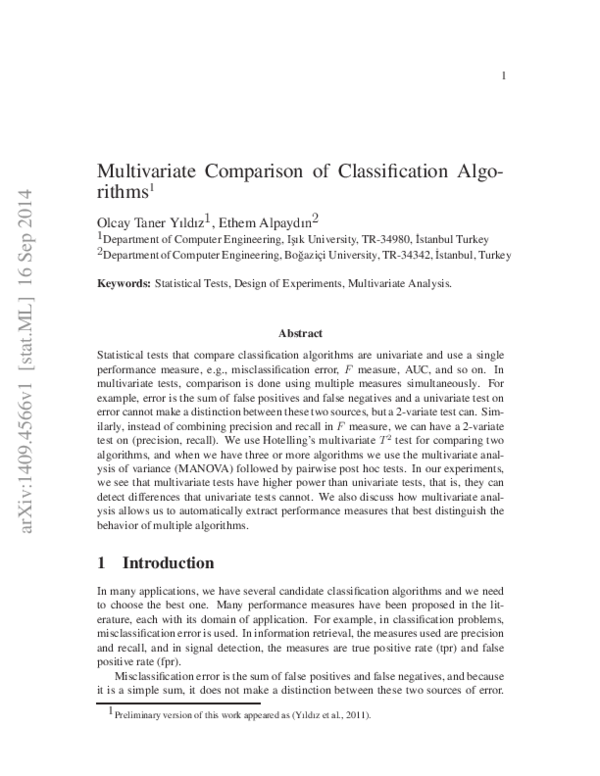 Pdf Multivariate Comparison Of Classification Algorithms
