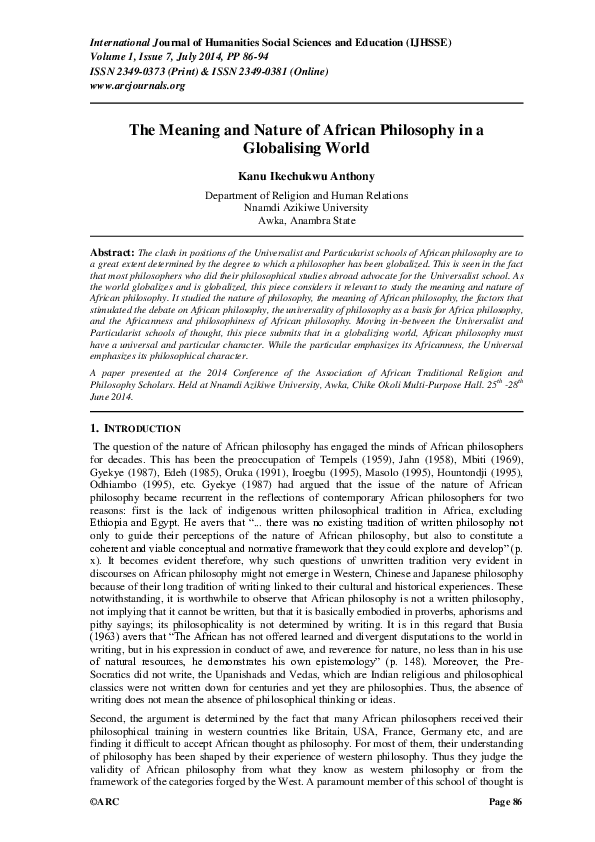 (PDF) The Meaning and Nature of African Philosophy in a Globalising World