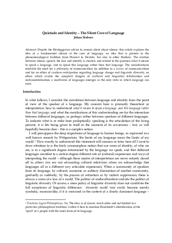 (PDF) Quietude and identity – The silent core of language