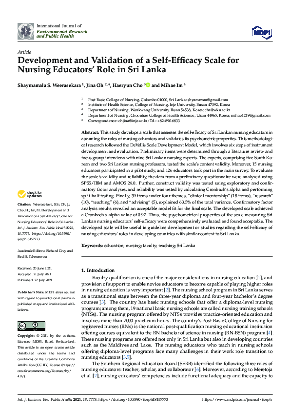 (PDF) Development and Validation of a Self-Efficacy Scale for Nursing Educators’ Role in Sri Lanka