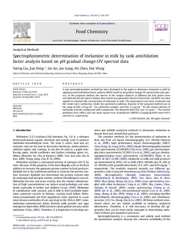 Pdf Spectrophotometric Determination Of Melamine In Milk By Rank Annihilation Factor Analysis