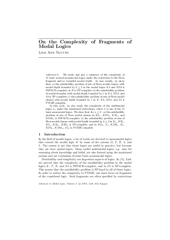 (PDF) On the complexity of fragments of modal logics | Linh Nguyen - Academia.edu