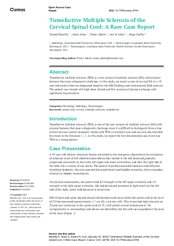 (PDF) Tumefactive Multiple Sclerosis of the Cervical Spinal Cord: A ...