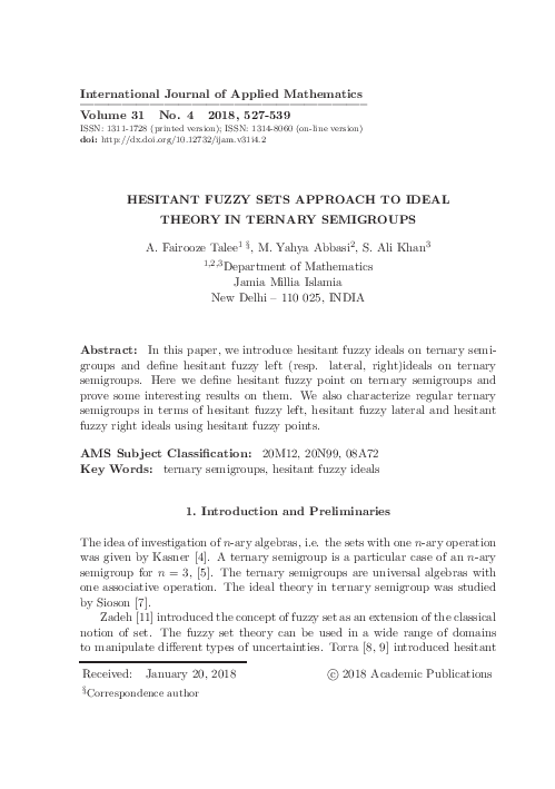 (PDF) Hesitant Fuzzy Sets Approach to Ideal Theory in Ternary Semigroups