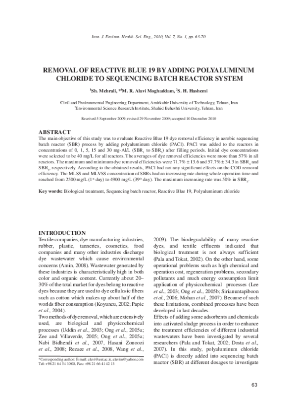 (PDF) Removal of Reactive Blue 19 by Adding Polyaluminum Chloride to Sequencing Batch Reactor System