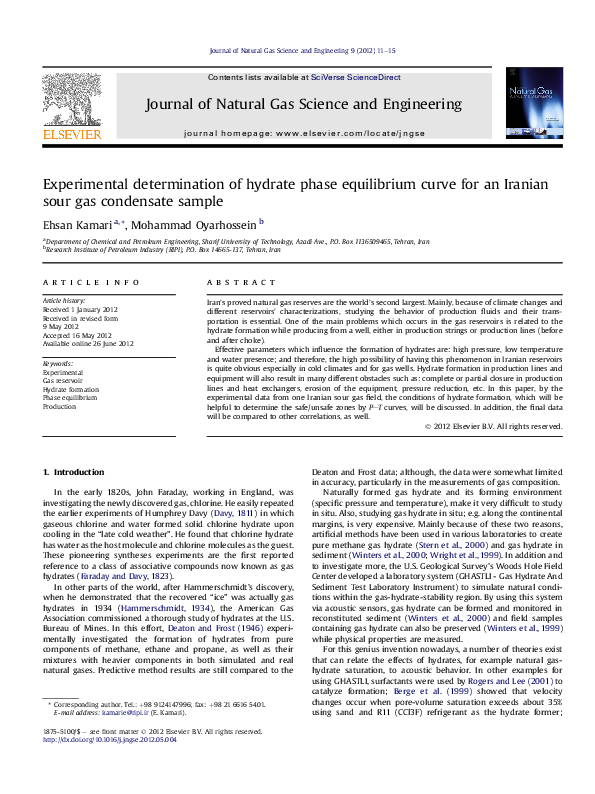 Experimental determination of hydrate phase equilibrium curve for an ...