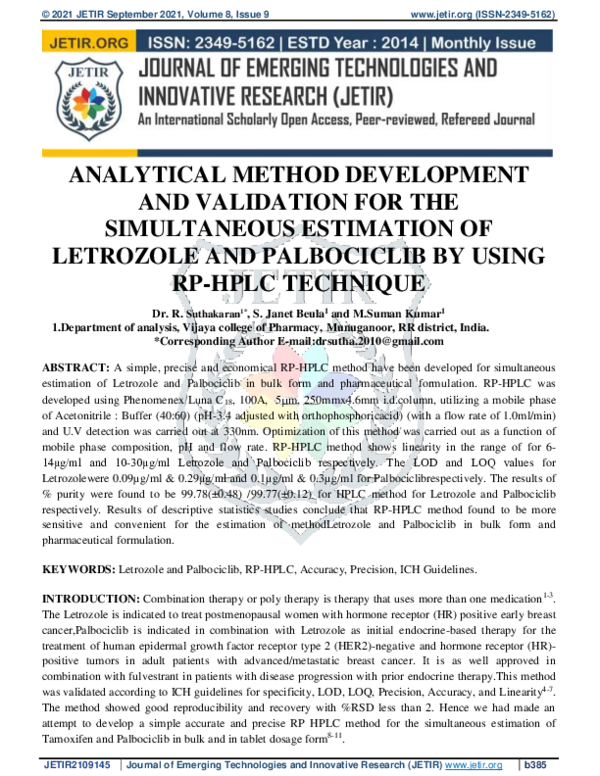 Pdf Analytical Method Development And Validation For The Simultaneous Estimation Of Letrozole