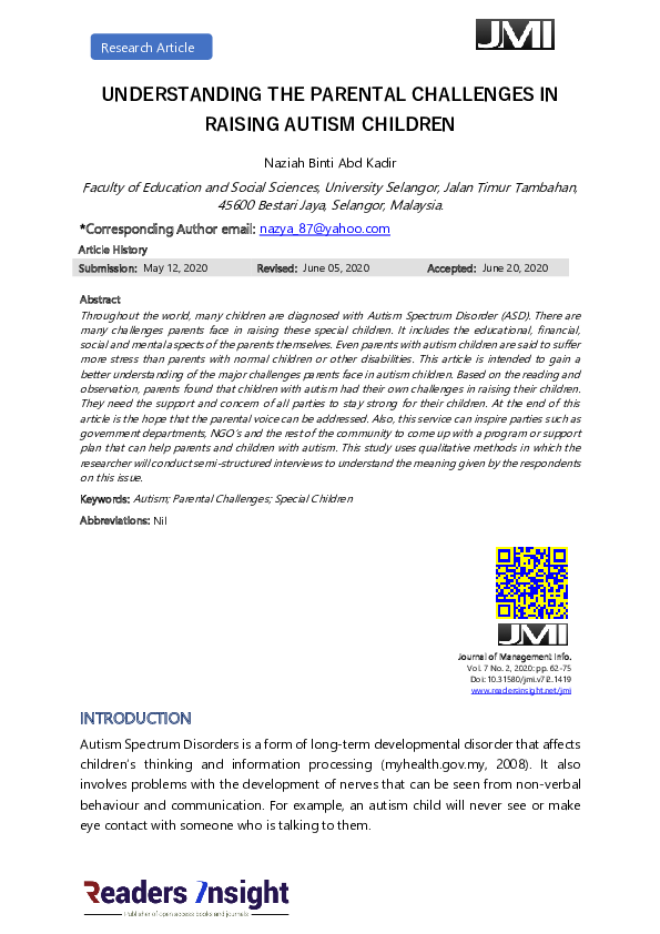 (PDF) Understanding the Parental Challenges in Raising Autism Children