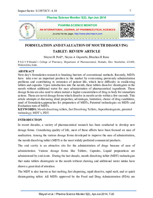 Pdf Formulation And Evaluation Of Mouth Dissolving Tablet Review Article