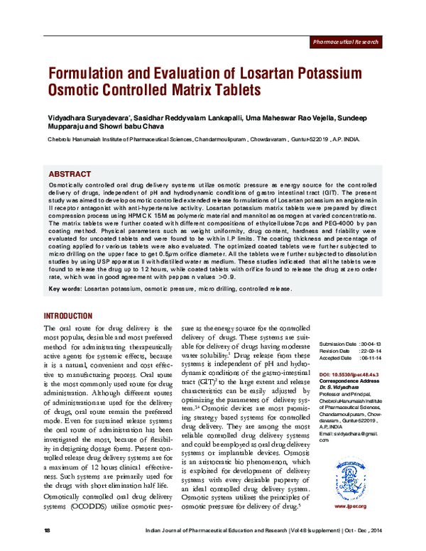 Pdf Formulation And Evaluation Of Losartan Potassium Floating Drug Delivery System