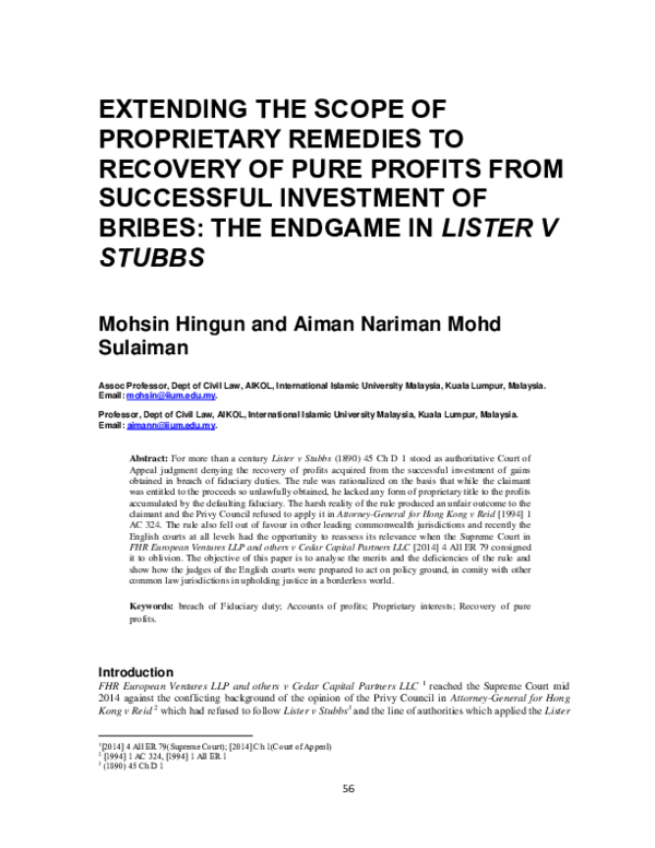 (PDF) Extending The Scope Of Proprietary Remedies To Recovery Of Pure ...