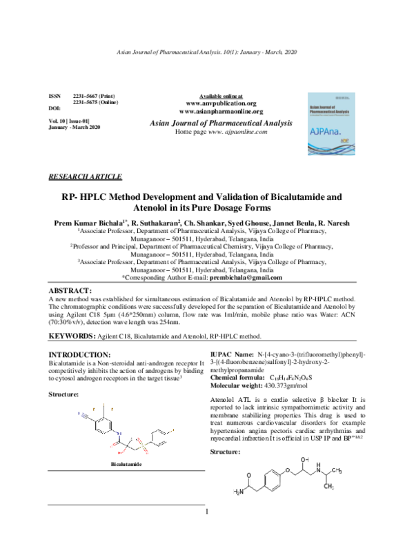 (PDF) RP-HPLC Method Development and Validation of Bicalutamide and Atenolol in its Pure Dosage ...
