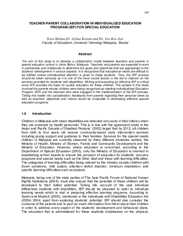 (PDF) Teacher-parent collaboration in individualized education program ...