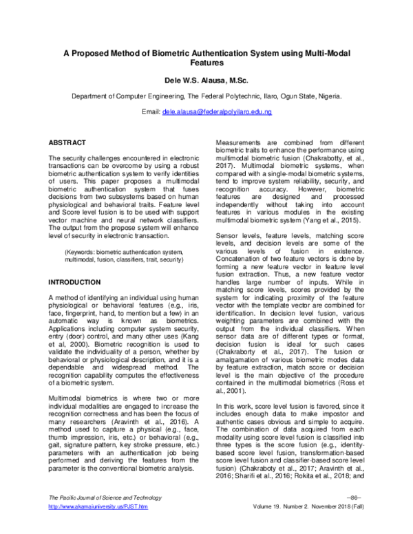 Pdf A Proposed Method Of Biometric Authentication System Using Multi