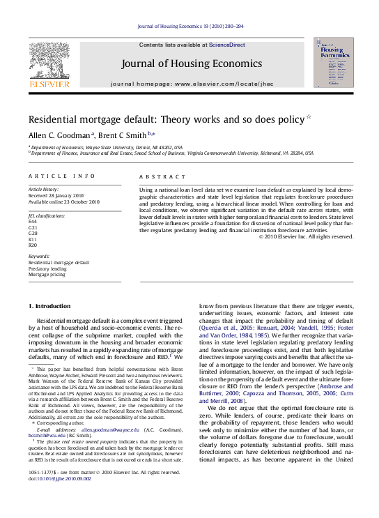(PDF) Residential mortgage default: Theory works and so does policy