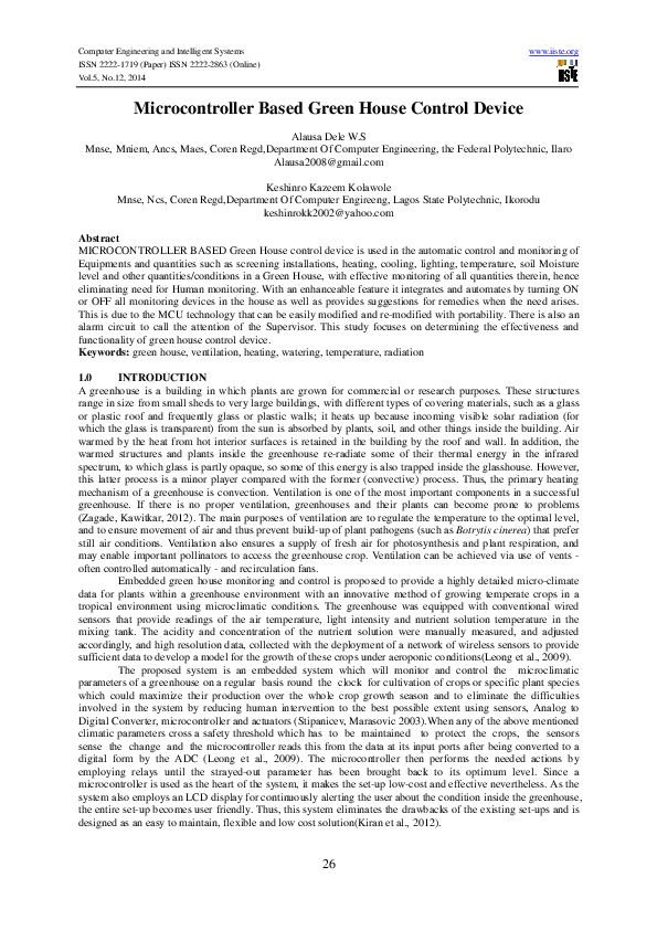 (PDF) Microcontroller Based Green House Control Device