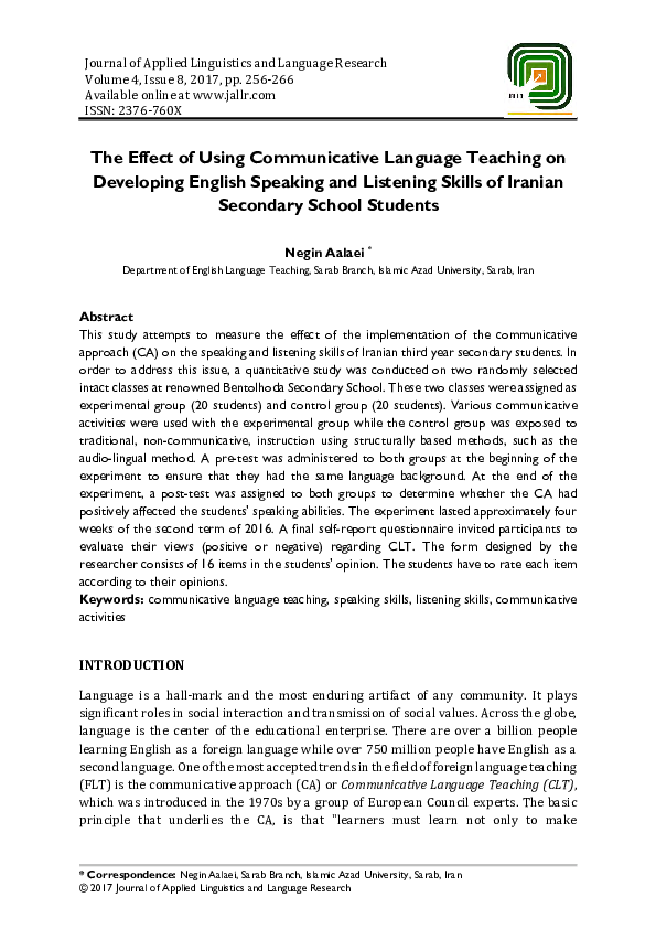 (PDF) The Effect of Using Communicative Language Teaching on Developing ...