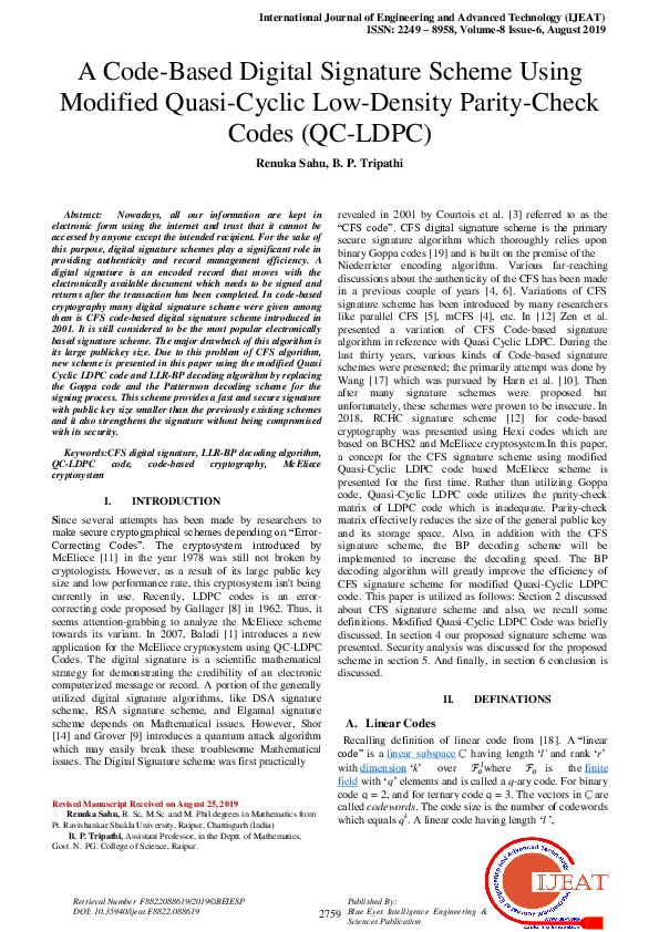 Pdf A Code Based Digital Signature Scheme Using Modified Quasi Cyclic Low Density Parity Check