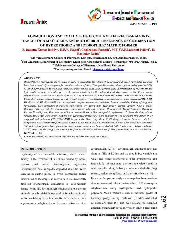 Pdf Formulation And Evaluation Of Controlled Release Matrix Tablet Of A Macrolide Antibiotic