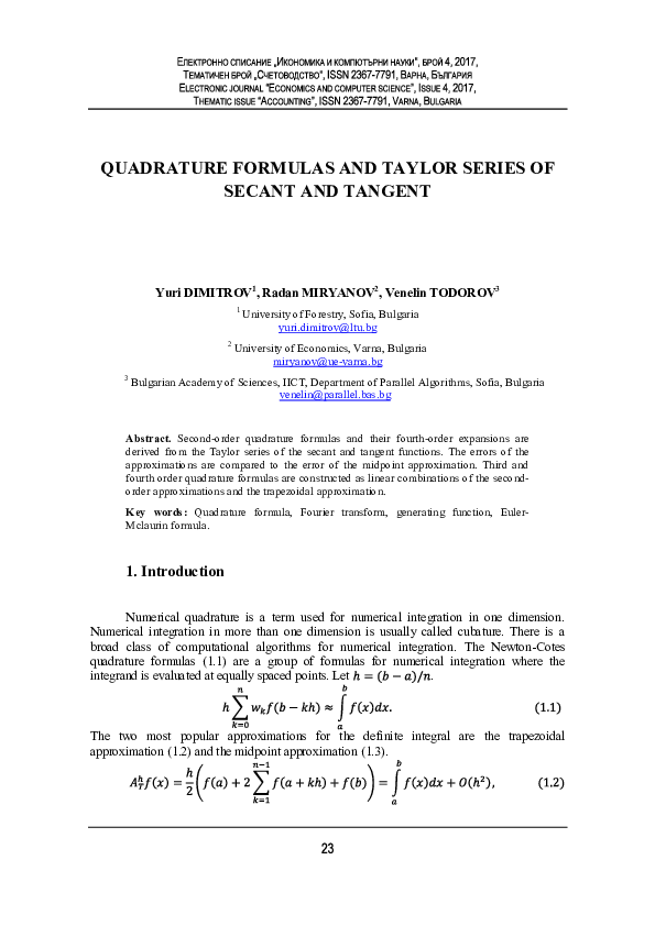 (PDF) Quadrature formulas and taylor series of secant and tangent