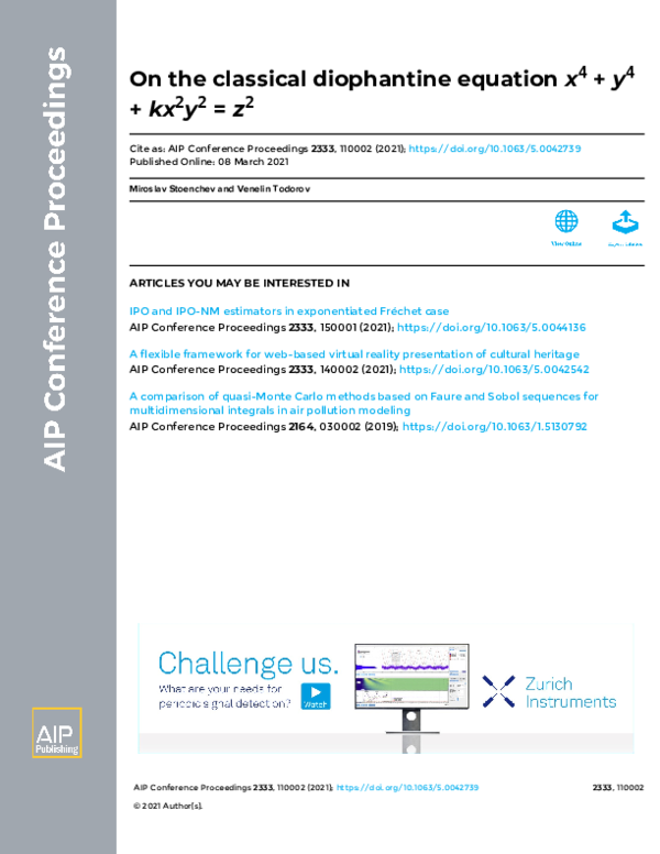 (PDF) On the classical diophantine equation x4 + y4 + kx2y2 = z2
