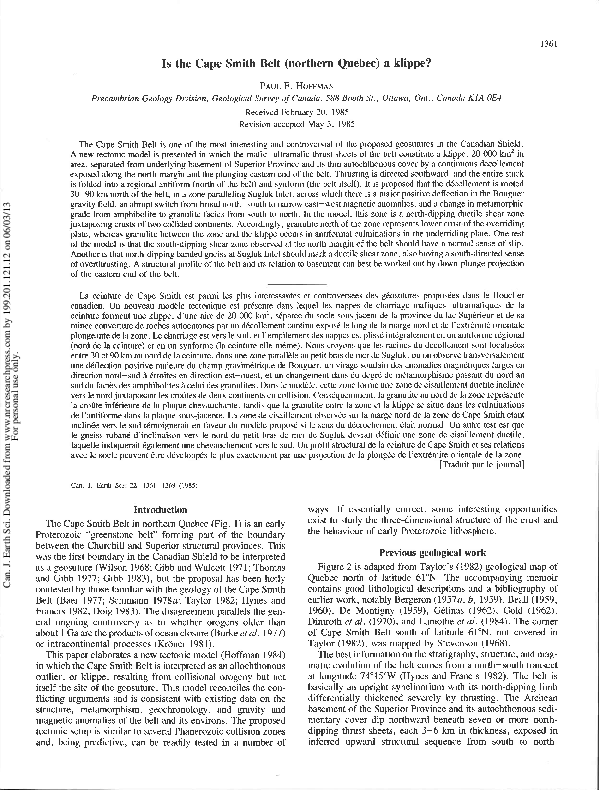 (PDF) Is the Cape Smith Belt (northern Quebec) a klippe?