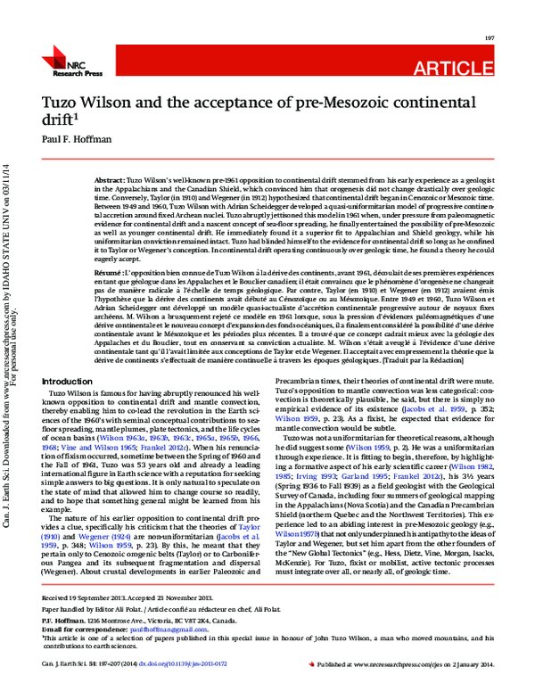 (PDF) Tuzo Wilson and the acceptance of pre-Mesozoic continental drift 1