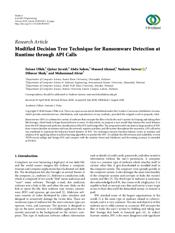 (PDF) Modified Decision Tree Technique for Ransomware Detection at Runtime through API Calls