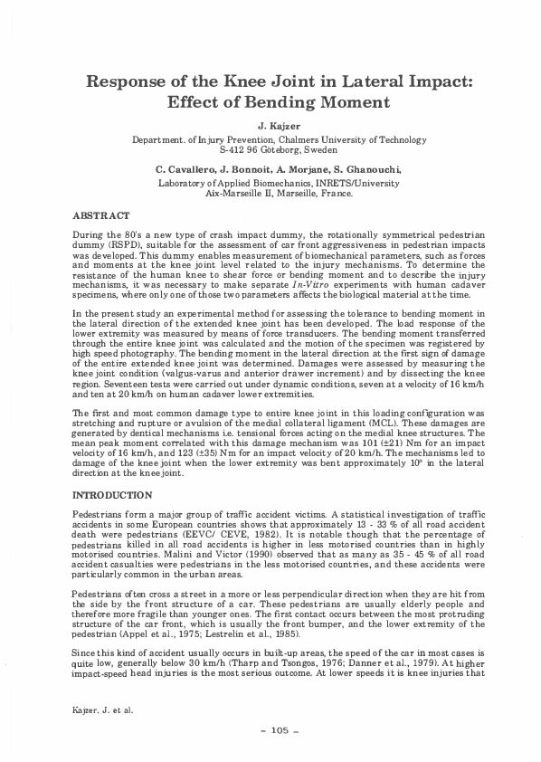 (PDF) Response of the knee joint in lateral impact: effect of bending ...