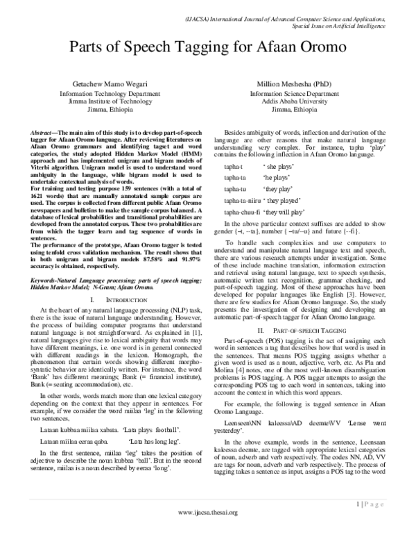 (PDF) Parts of Speech Tagging for Afaan Oromo