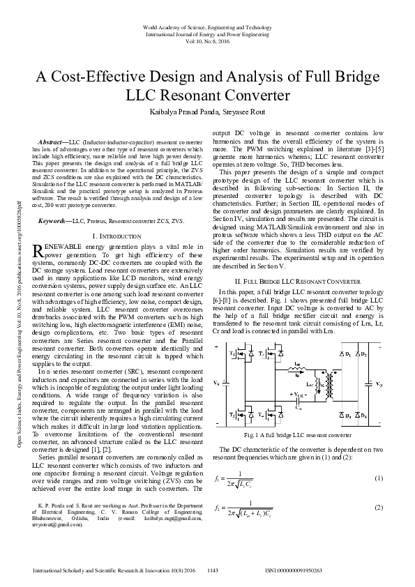(PDF) A Cost-Effective Design and Analysis of Full Bridge LLC Resonant Converter