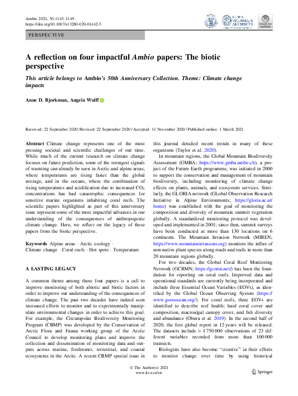 (PDF) A reflection on four impactful Ambio papers: The biotic perspective