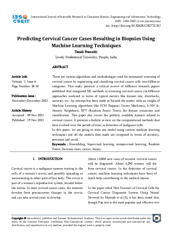 (PDF) Predicting Cervical Cancer Cases Resulting in Biopsies Using ...